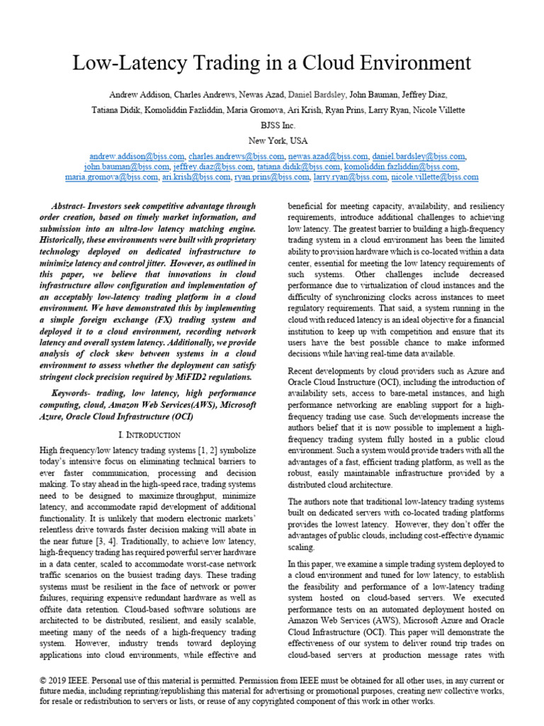 Low Latency Trading in A Cloud Environment | PDF | Algorithmic Trading ...