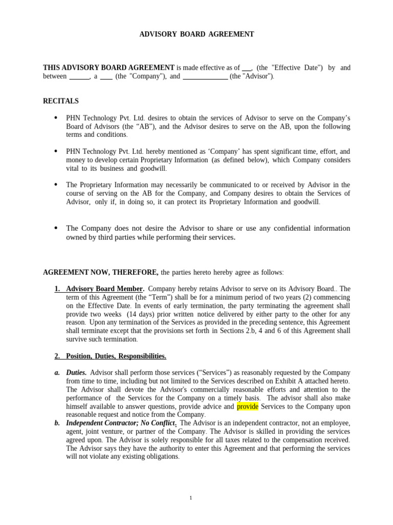 Advisor Board Member Agreement | PDF | Indemnity | Civil Law (Common Law)