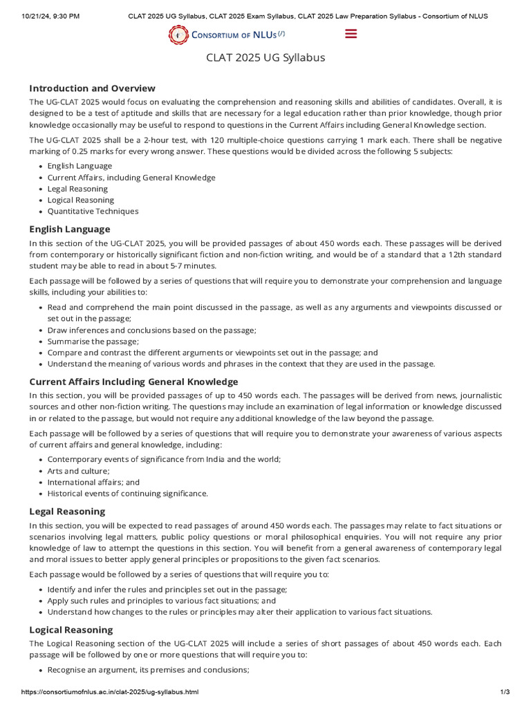 CLAT 2025 UG Syllabus, CLAT 2025 Exam Syllabus, CLAT 2025 Law ...