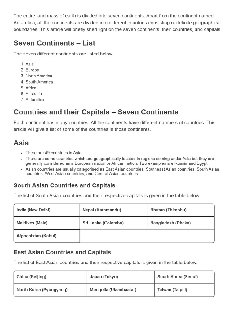 7 Continents and their Countries and Capitals | PDF | Asia | Antarctica