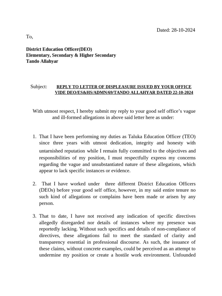 Reply Ali Asghar Shah To DEO Letter | PDF | Justice | Crime & Violence