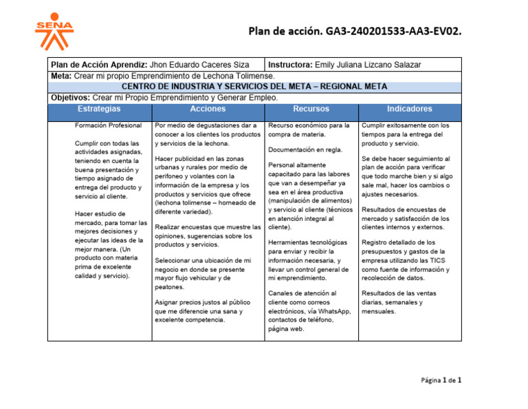 Plan de acción. GA3-240201533-AA3-EV02. | PDF | Iniciativa empresarial | Servicio al Cliente