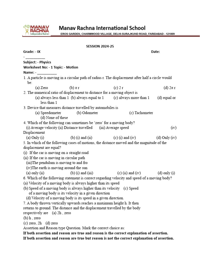 Grade 9 Worksheet - MOTION 2024 25 | PDF | Acceleration | Velocity