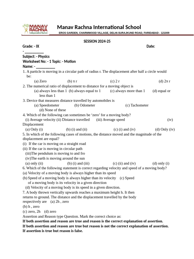 Physics Worksheet on Motion for Grade IX | PDF | Acceleration | Velocity