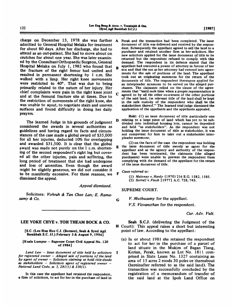 LEE YOKE CHYE V TOH THEAM BOCK & CO | PDF