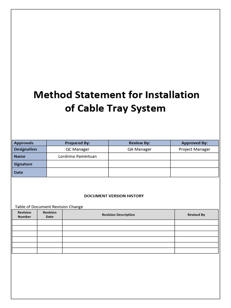 Method Statement For Cable Tray Installation | PDF