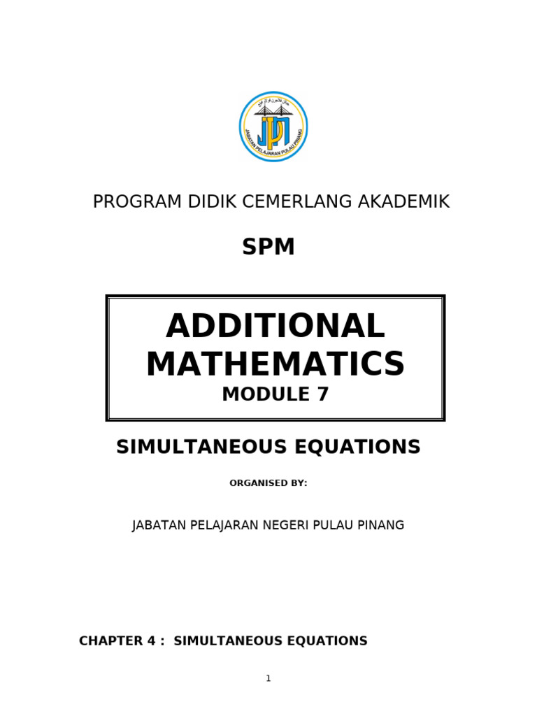 2.07) Add Math Module 07 (Simultaneous Equations) | PDF | Equations | Applied Mathematics