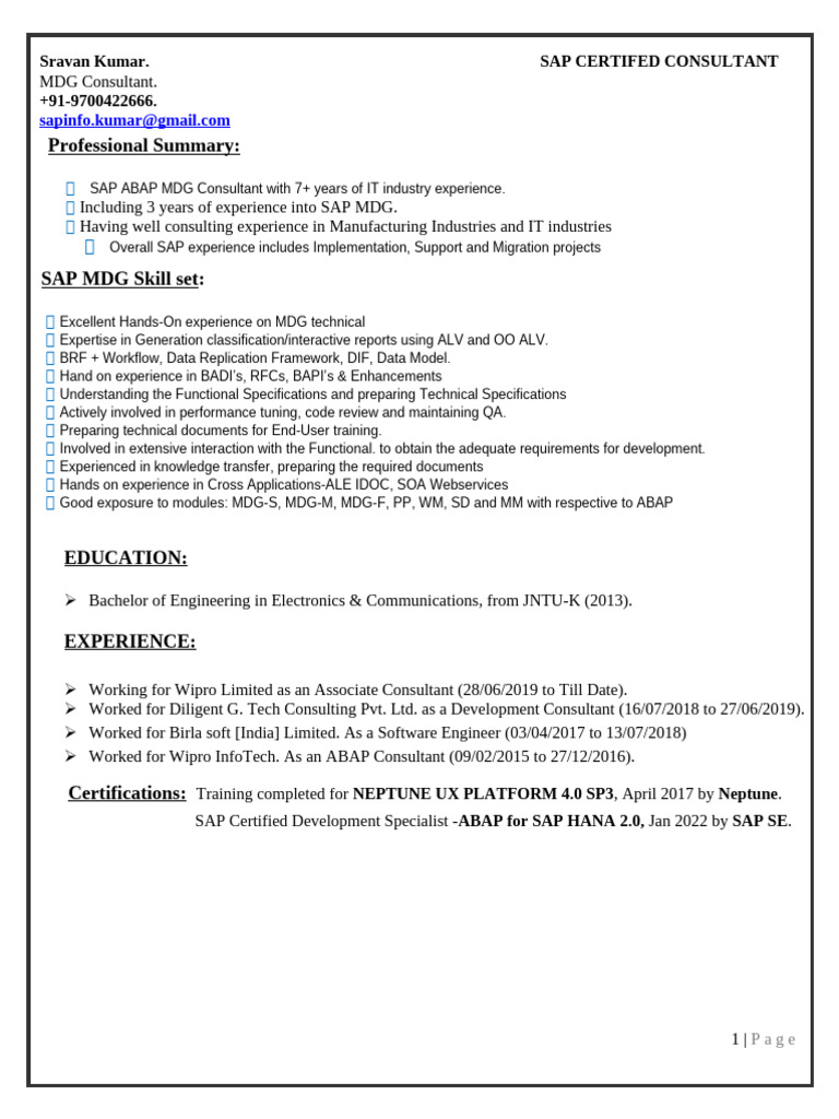 Sravan - SAP MDG Consultant - Resume | PDF
