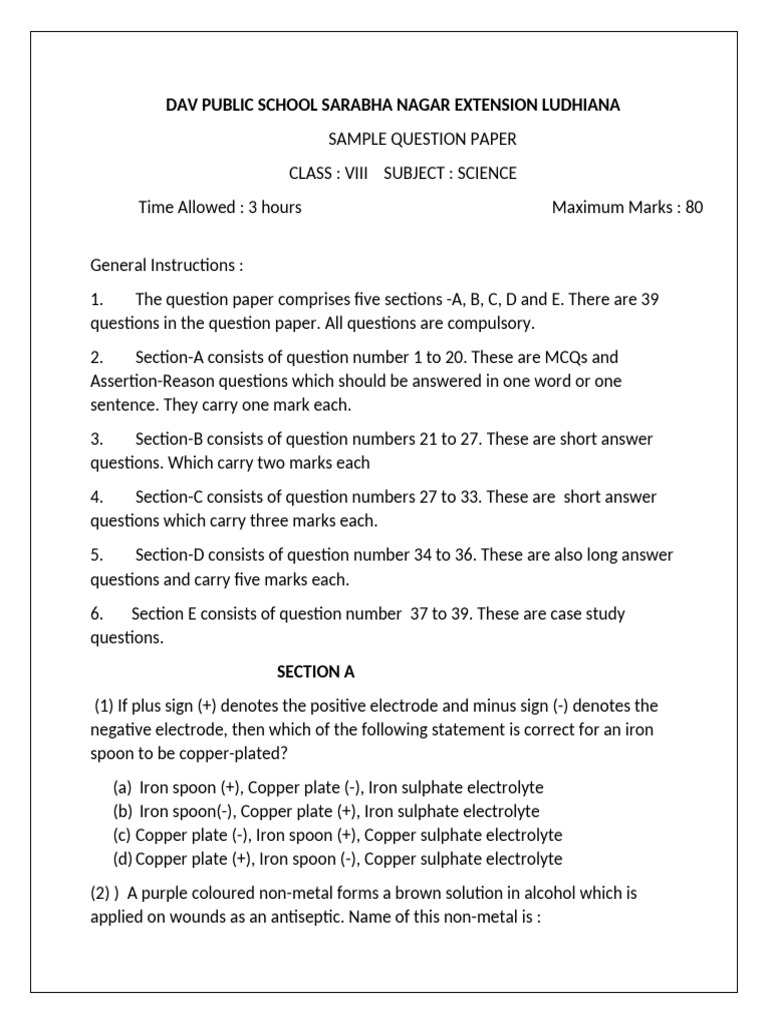 Sample Paper Class 8 (Science) | PDF | Biodegradation | Metals