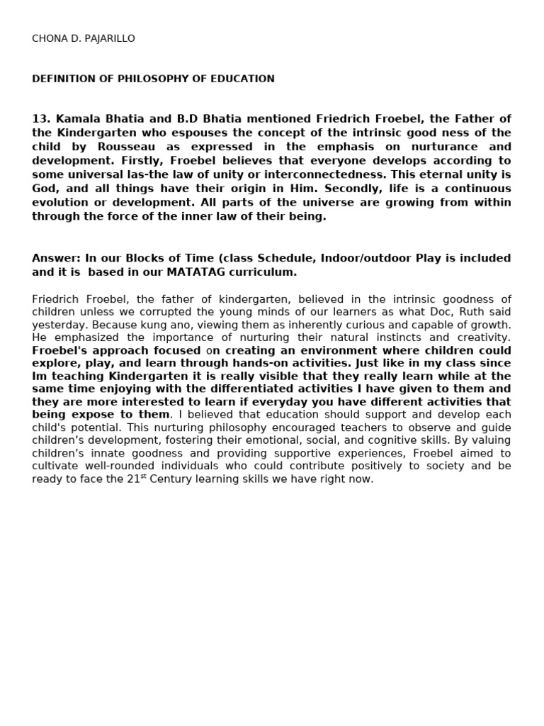 Philosophy of Education - Chona D. Pajarillo | PDF
