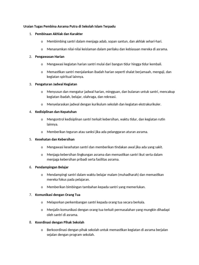 Uraian Tugas Pembina Asrama Putra Di Sekolah Islam Terpadu | PDF