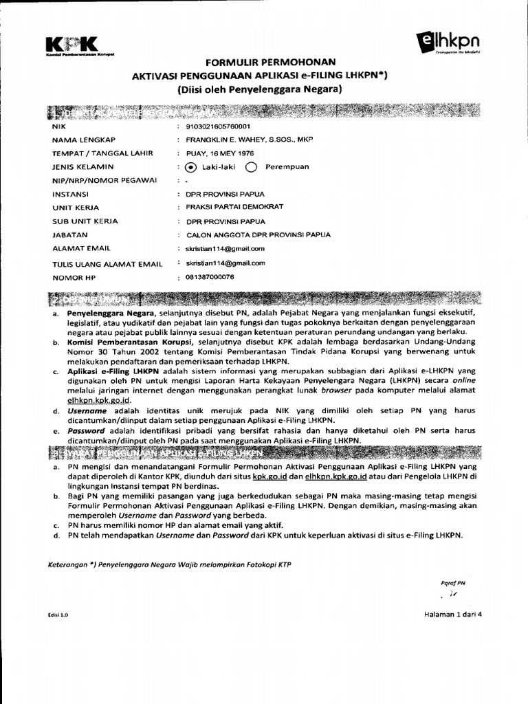 Formulir - Permohonan Aktivasi LHKPN Kaka FW | PDF