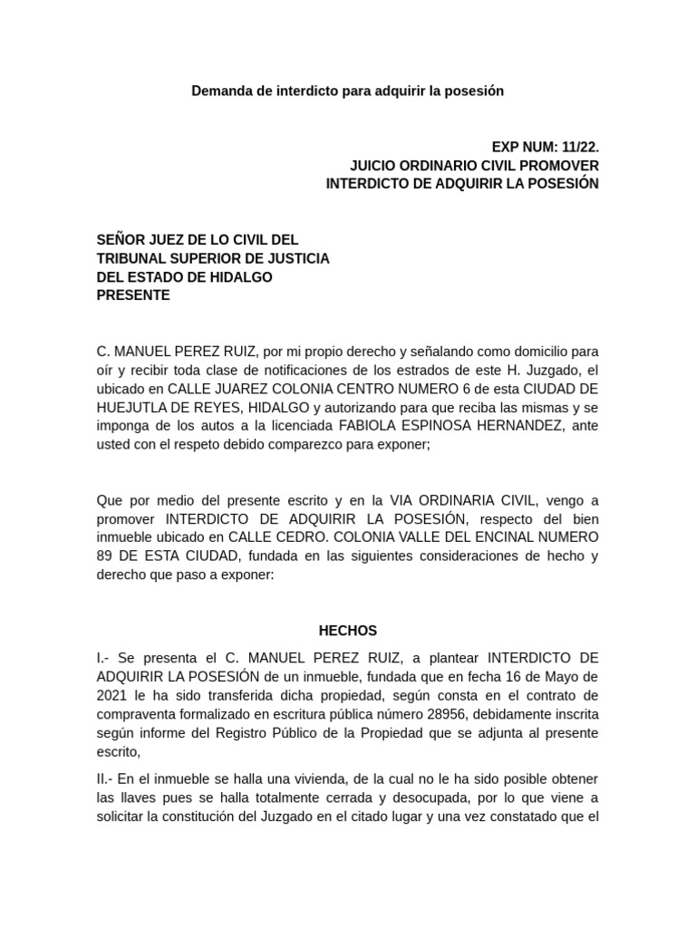 Demanda de interdicto para adquirir la posesión | PDF | Caso de ley ...
