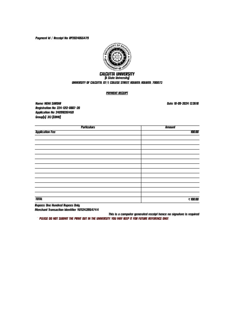 Calcutta University Payment Receipt | PDF
