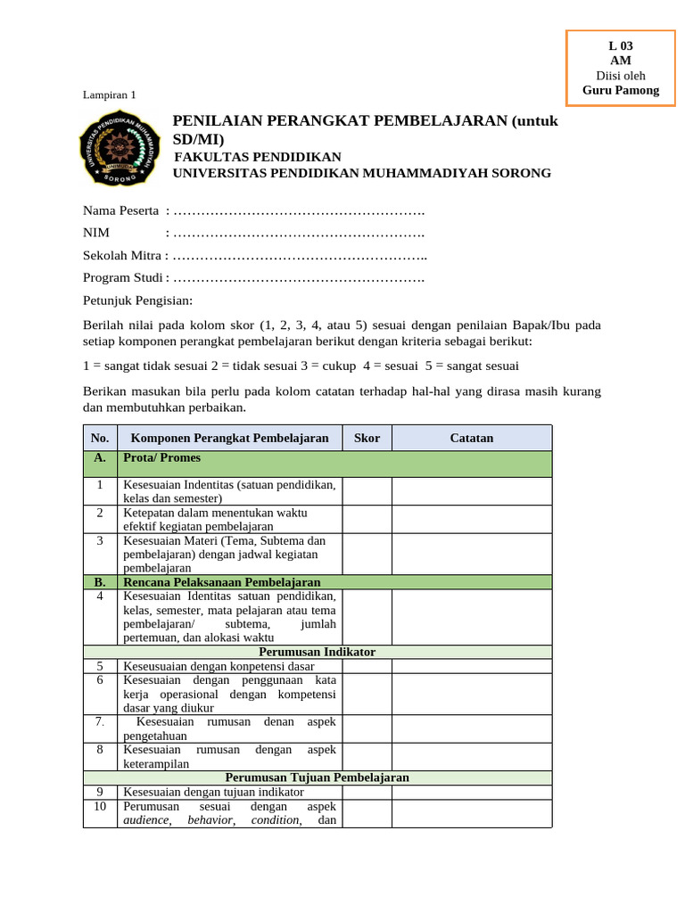 Lampiran 4 Lembar Penilaian RPP Untuk SD | PDF