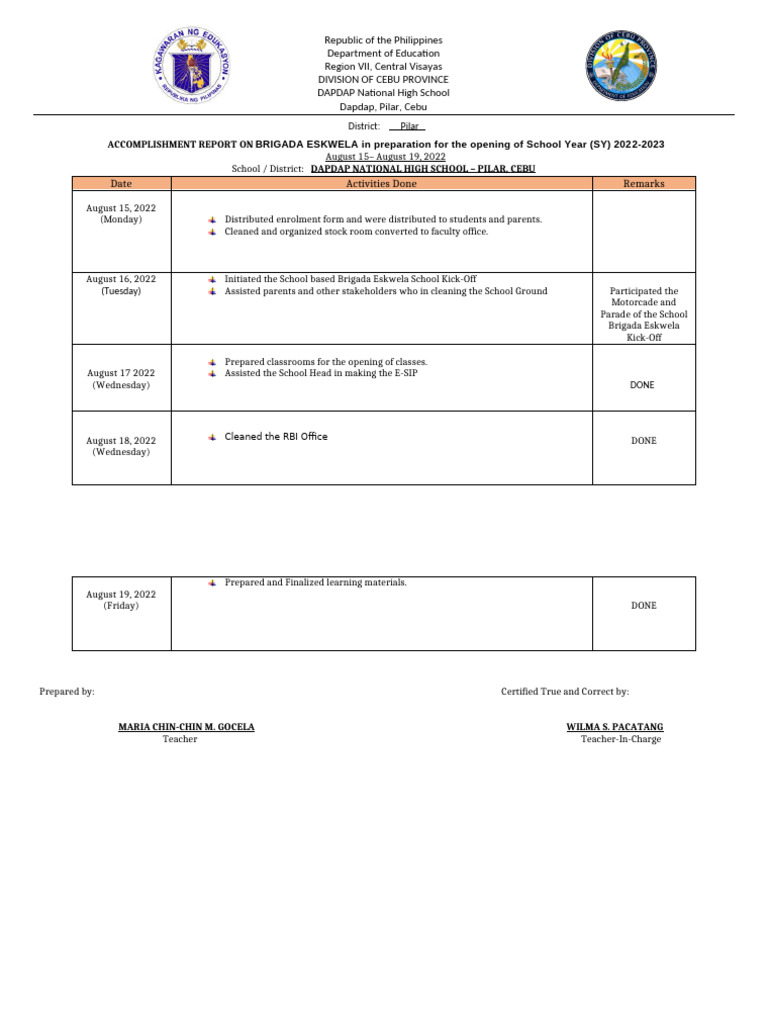 Brigada Eskwela Accomplishment | PDF