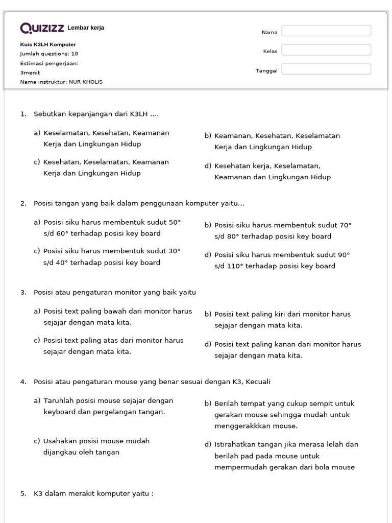 Kuis K3LH Komputer - Quizizz | PDF | Teknologi & Rekayasa