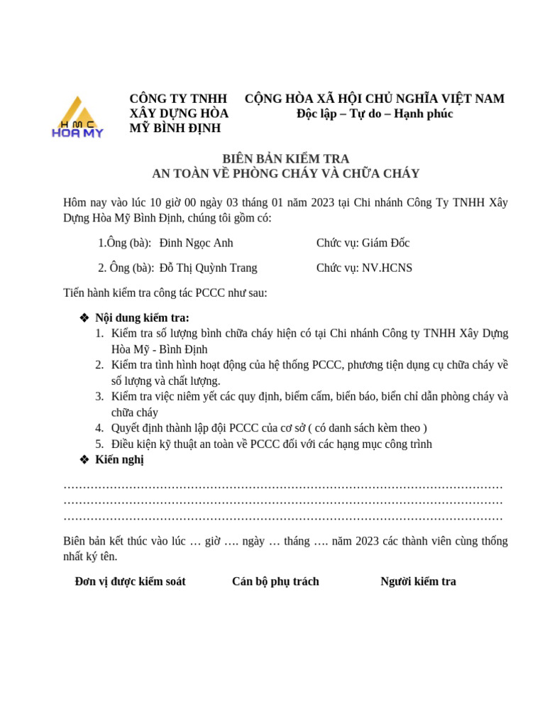 01. BIÊN BẢN KIỂM TRA PCCC T01.2023 | PDF