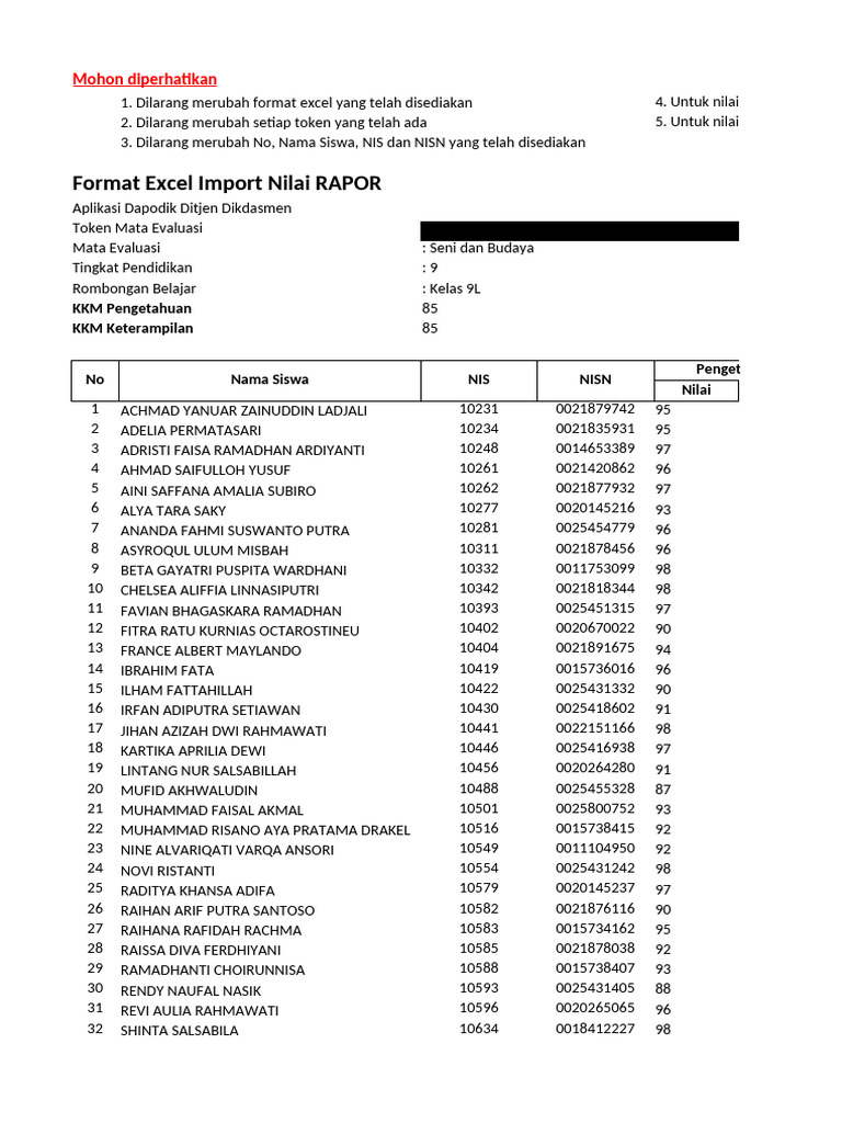 Format Excel Nilai Rapor Kelas 9 | PDF
