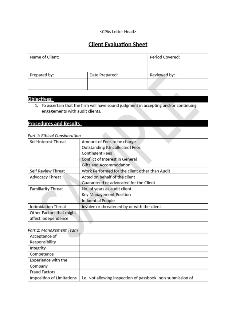 Client Evaluation Sheet | PDF | Audit | Evaluation