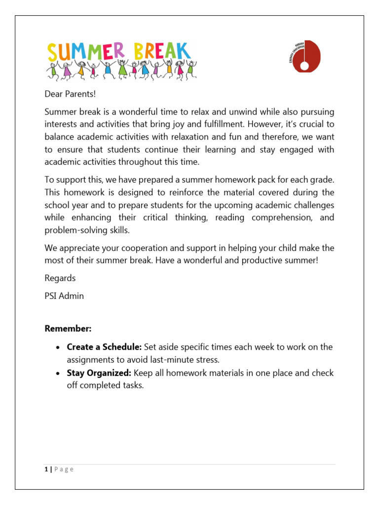 Summer Break Homework Grade III 13.6.24 | PDF | Homework | Reading ...