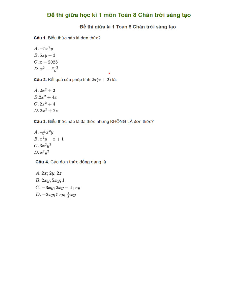 Giua Ky hk1 Lop 8 | PDF