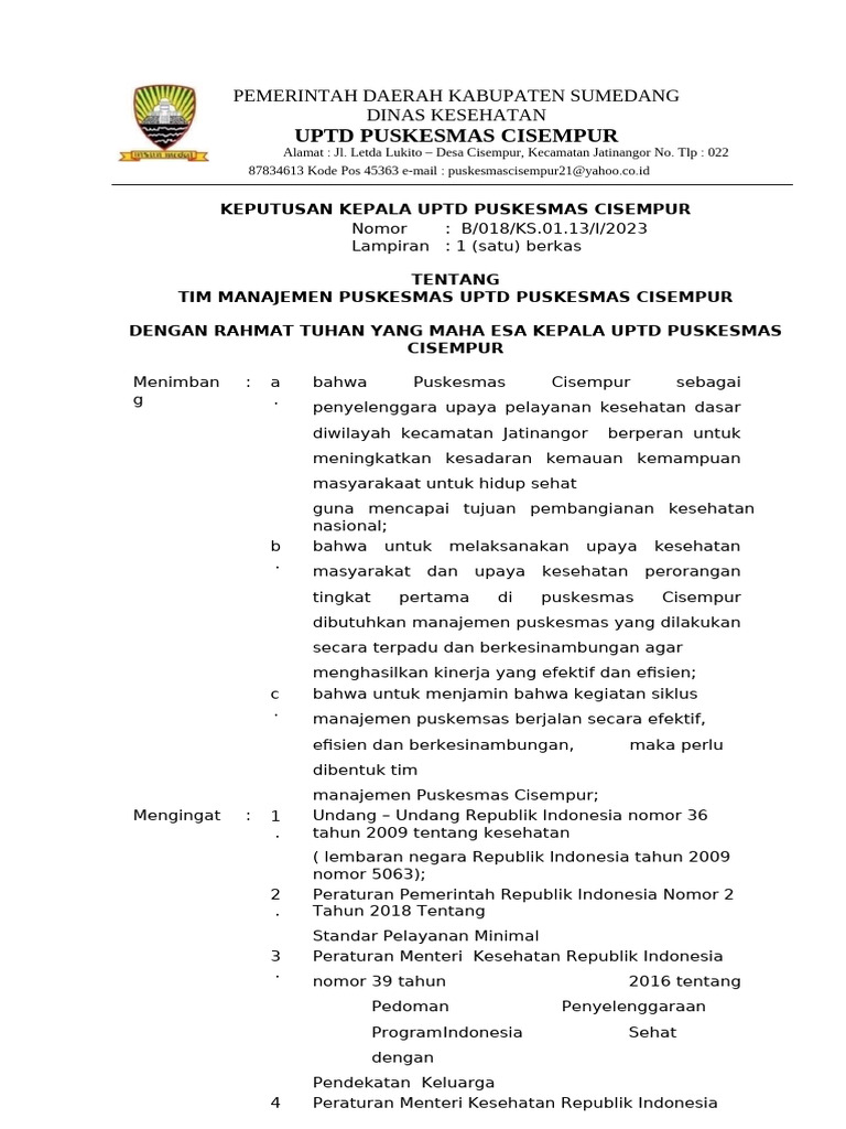 Tim Manajemen Puskesmas Cisempur 2023 | PDF
