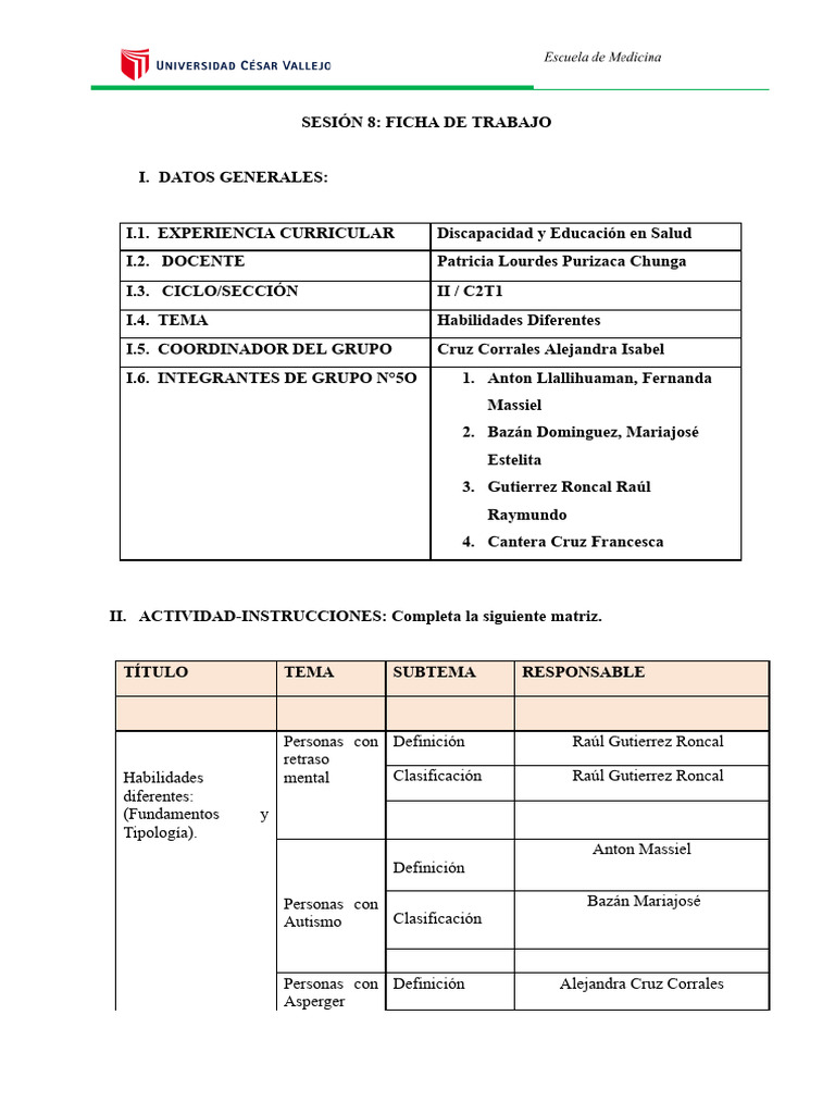 Ficha de Trabajo | PDF | Discapacidad intelectual | Enfermedades y ...
