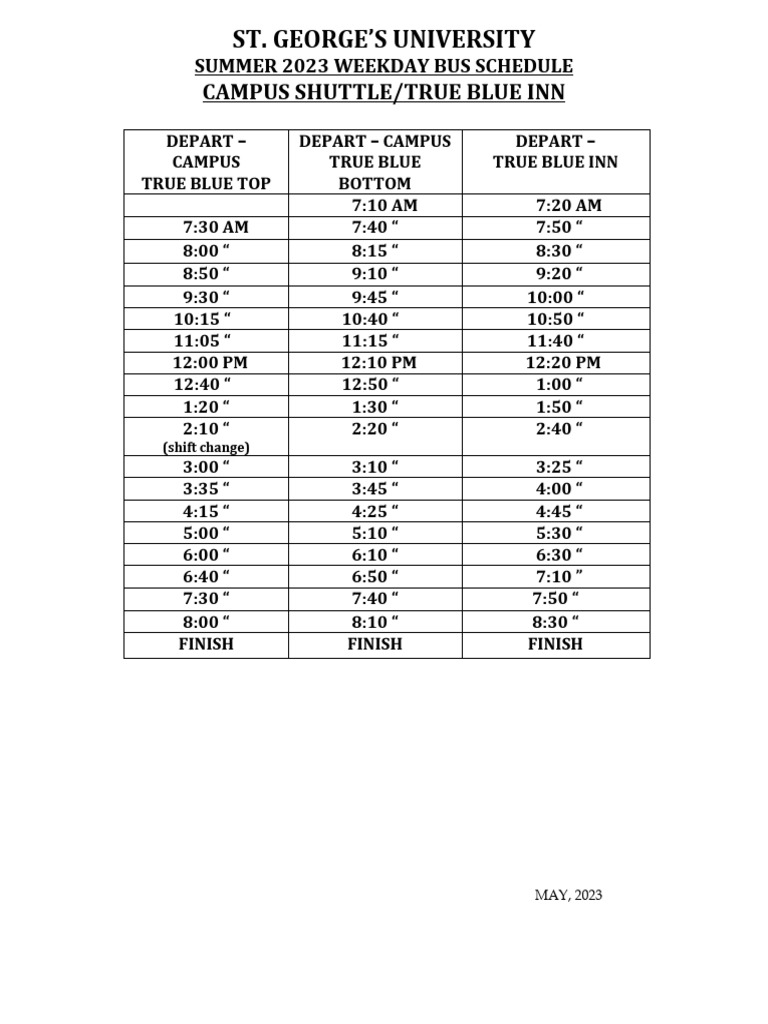 SGU Summer 2023 Bus Schedule | PDF