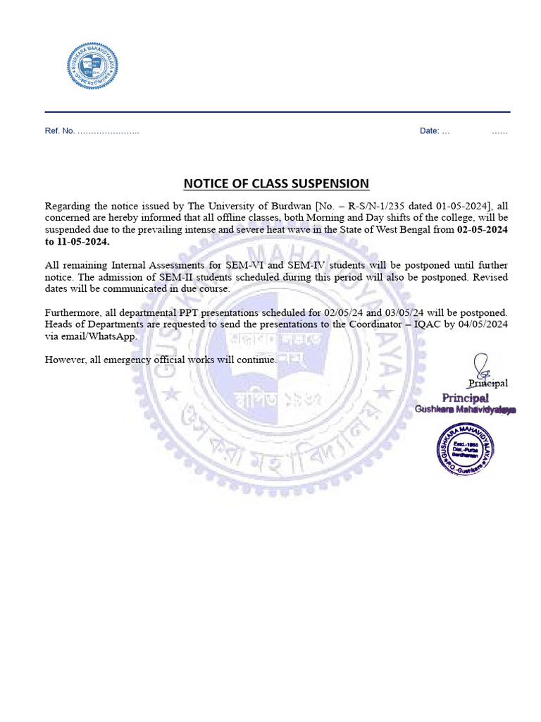 Class Suspension Notice Due to Heat Wave | PDF | Academic Administration