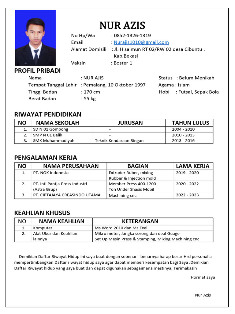 CV Nur Azis - Operator Produksi | PDF