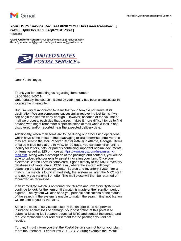 Gmail - Your USPS Service Request #69872797 Has Been Resolved! (Ref ...