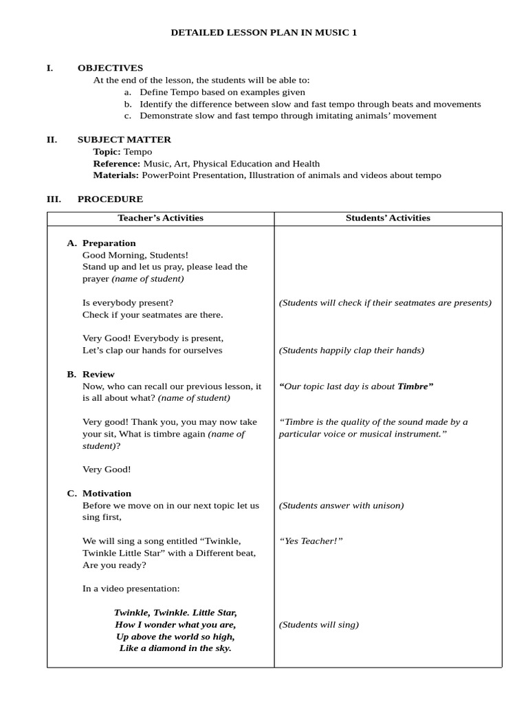 Detailed Lesson Plan in Music 1 | PDF | Language Arts & Discipline