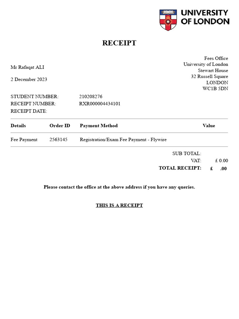 University of London Fee Receipt | PDF