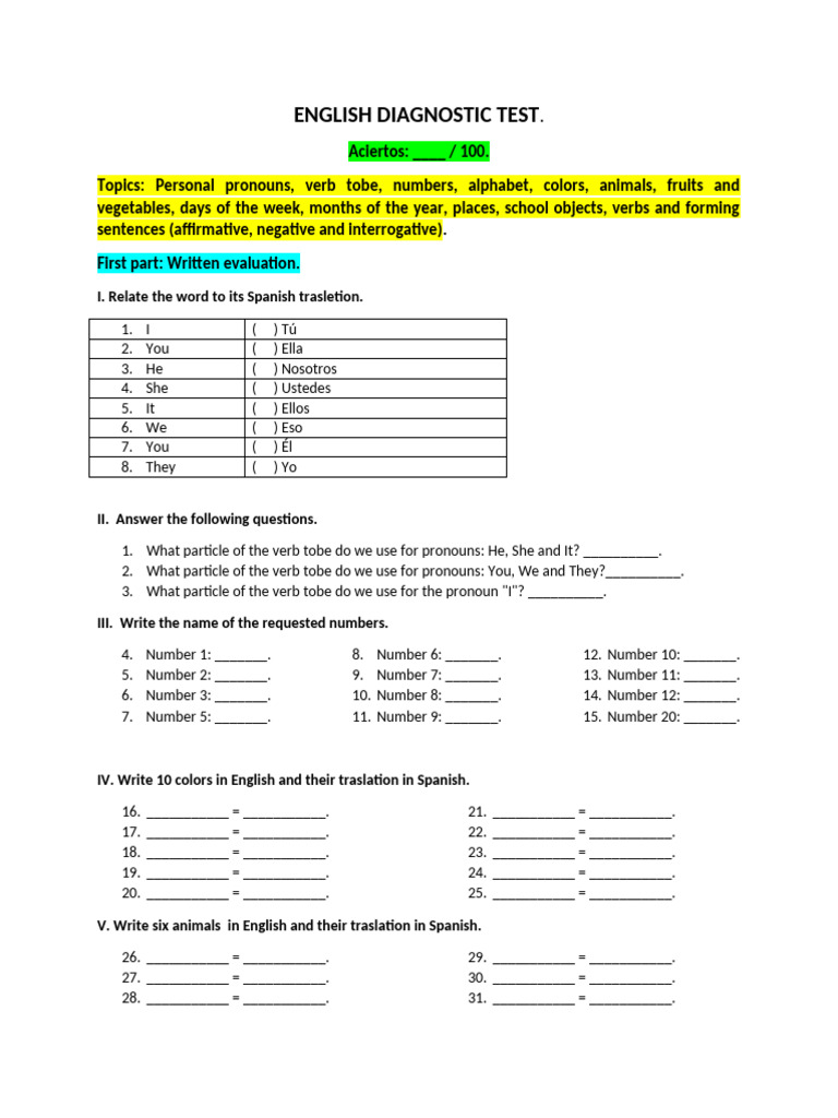 English Diagnostic Test | PDF | Languages | Foreign Language Studies