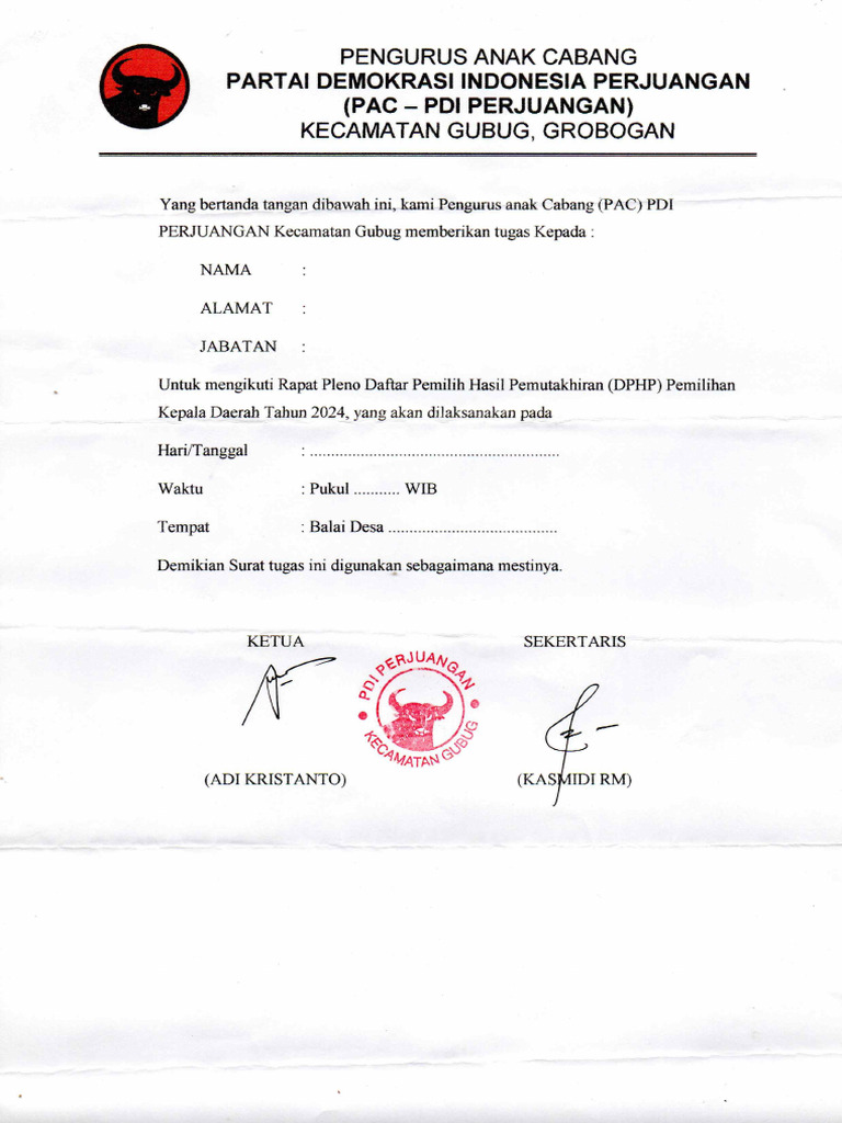 Surat Tugas Pdip | PDF