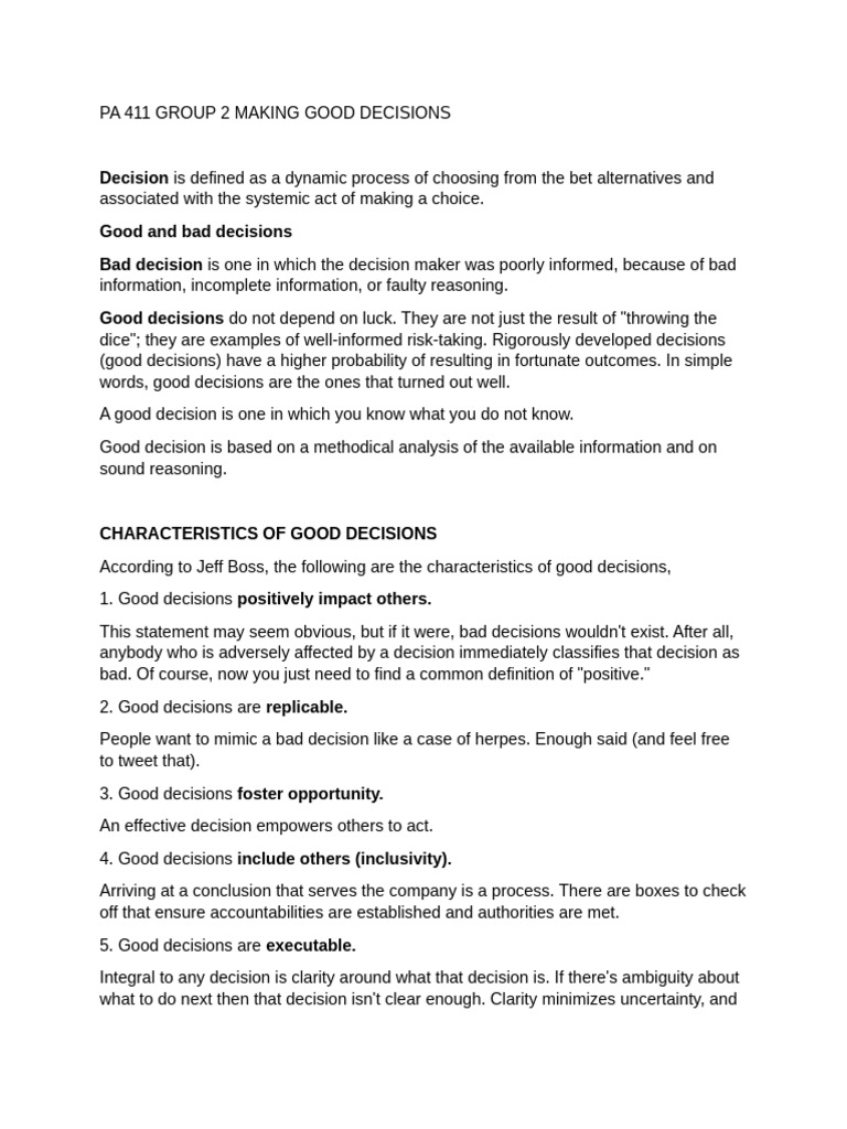 Pa 411 Group 2 Making Good Decisions | PDF | Decision Making | Psychology