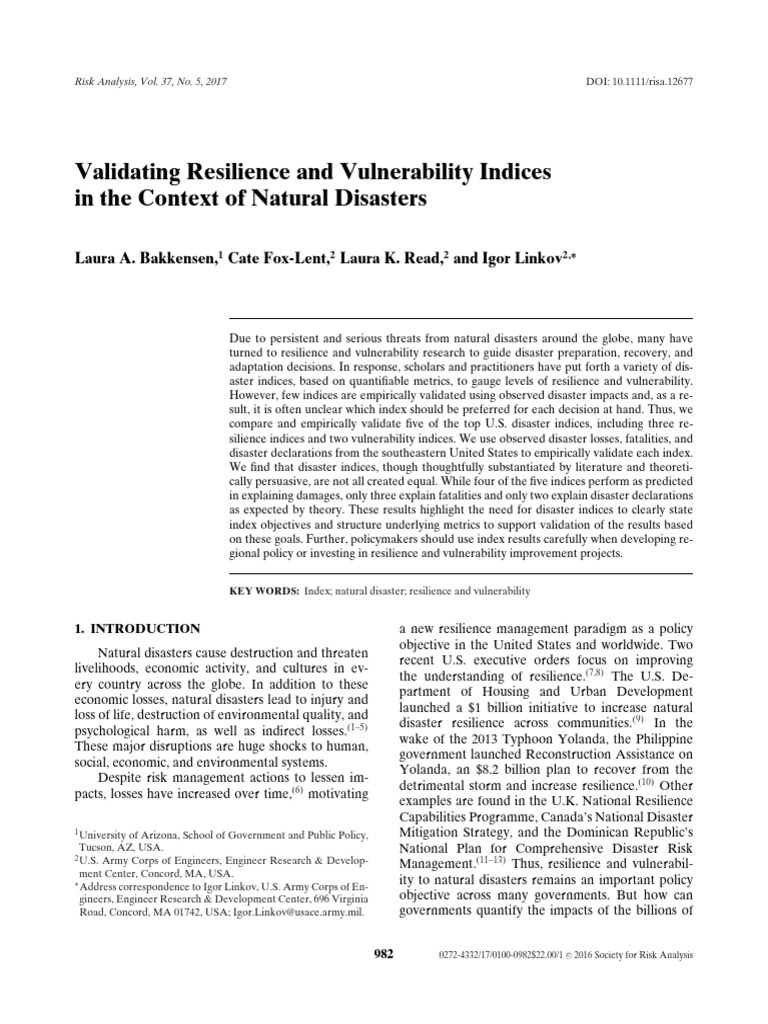 Risk Analysis - 2016 - Bakkensen - Validating Resilience and ...