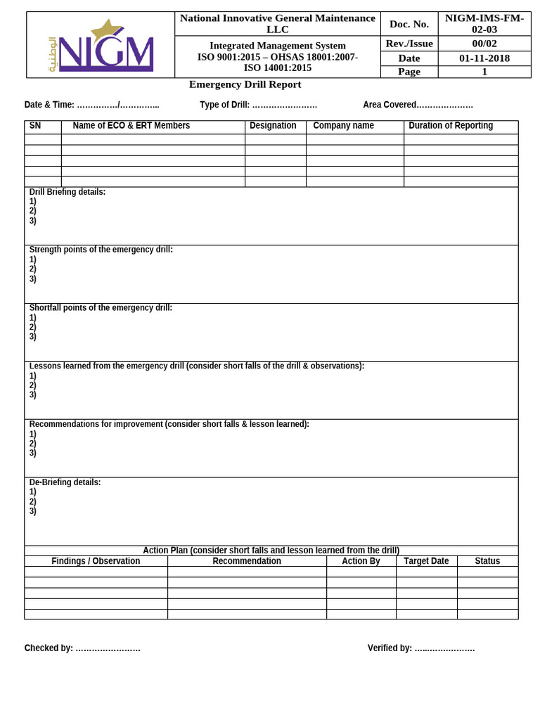 NIGM-IMS-FM-02-03 - Emergency Drill Report Is2.0 | PDF