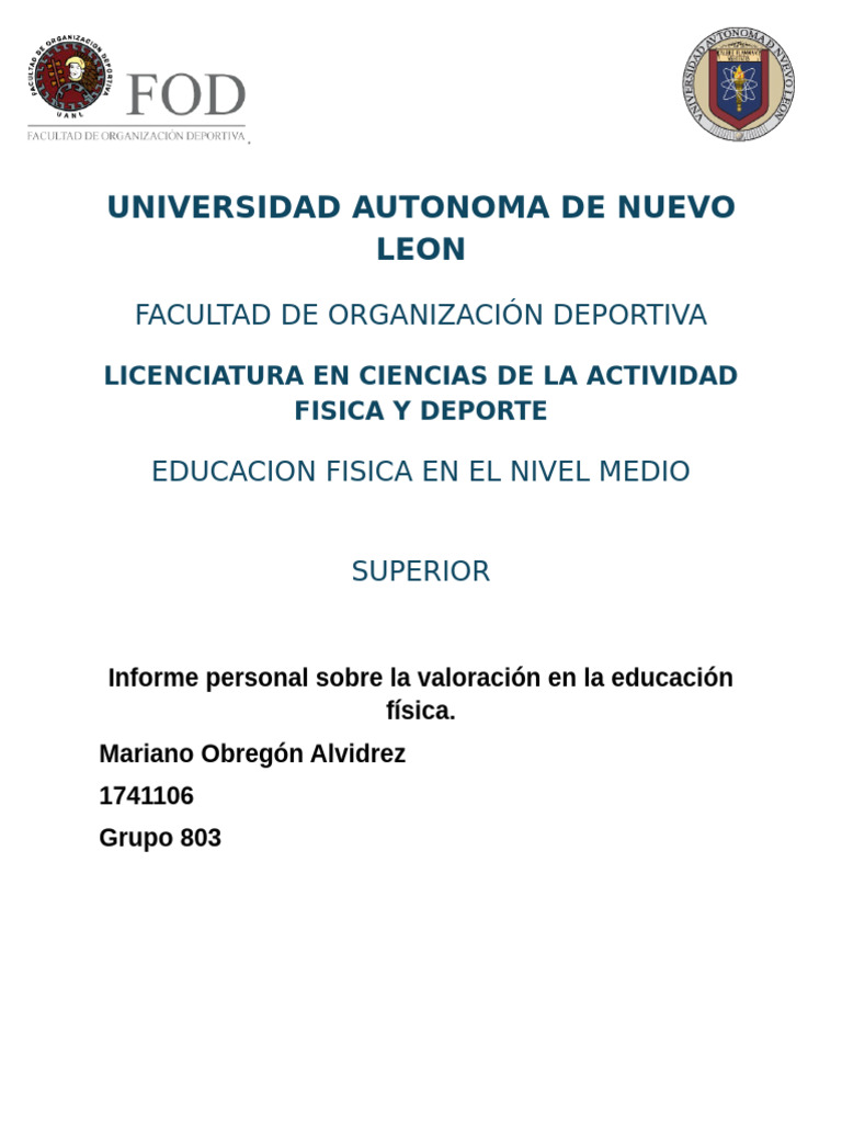 Informe Personal Sobre La Valoración en La Educación Física. | PDF ...