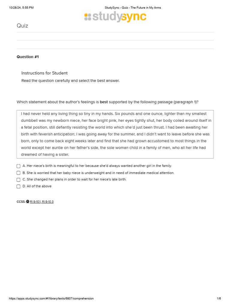 StudySync - Quiz - The Future in My Arms | PDF | Language Arts ...