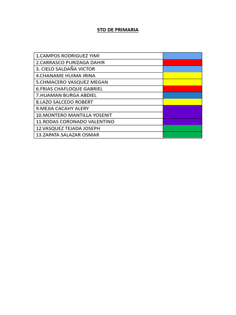 Lista de Colores 5to de Primaria | PDF
