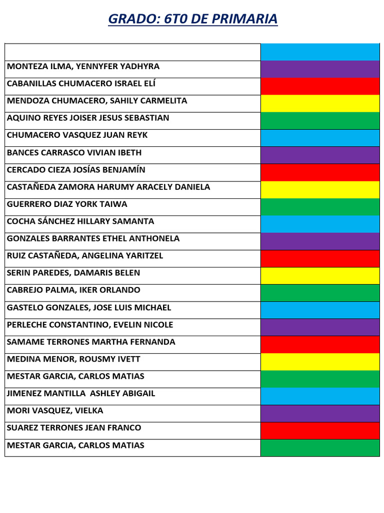 Lista de Alumnos de 6t0 de Primaria Por Colores | PDF