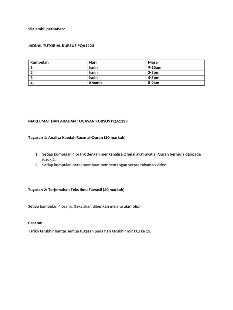 Jadual Tutorial Dan Tugasan Pqa1123 | PDF
