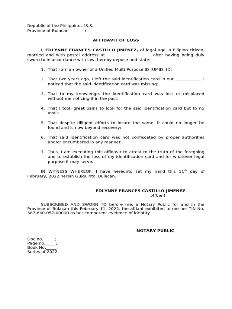Affidavit of Loss - Umid Id | PDF | Law