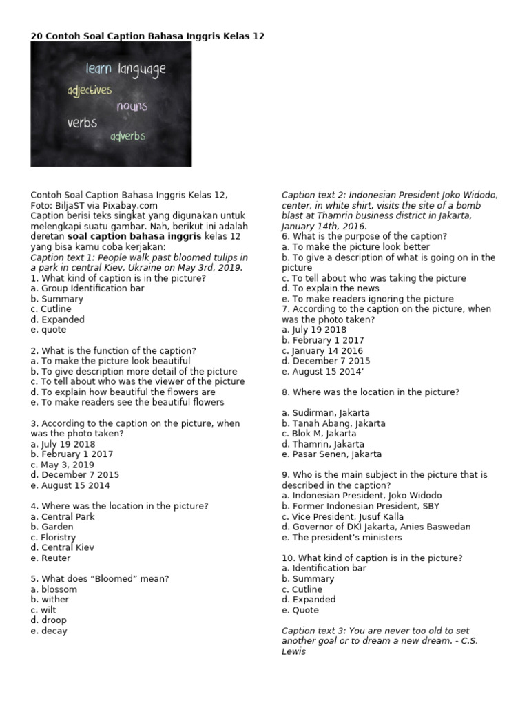 20 Contoh Soal Caption Bahasa Inggris Kelas 12 | PDF | Indonesia | Politics Of Indonesia