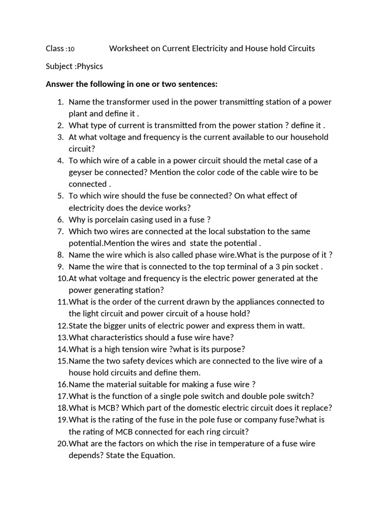 Class 10 Worksheet | PDF | Resistor | Fuse (Electrical)