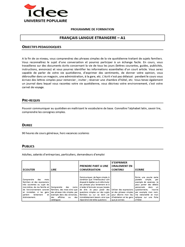 Programme FLE A1 pour Adultes Débutants | PDF | Phrase | Question