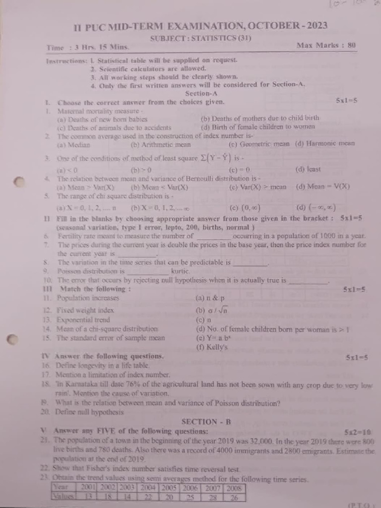 2nd PU Question Paper | PDF | Weighted Arithmetic Mean | Mean