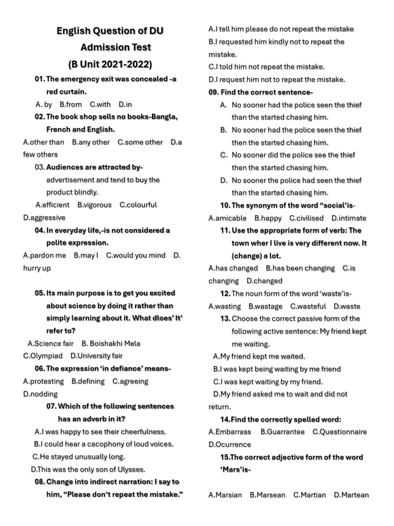 English Question of DU Admission Test (B Unit 2021-2022) | PDF ...